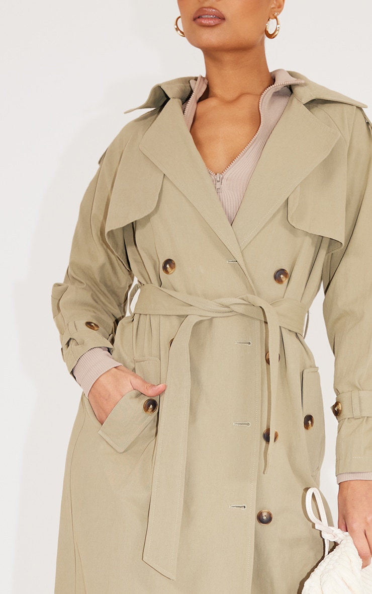 Khaki Panel Detail Belted Trench Coat | PrettyLittleThing USA