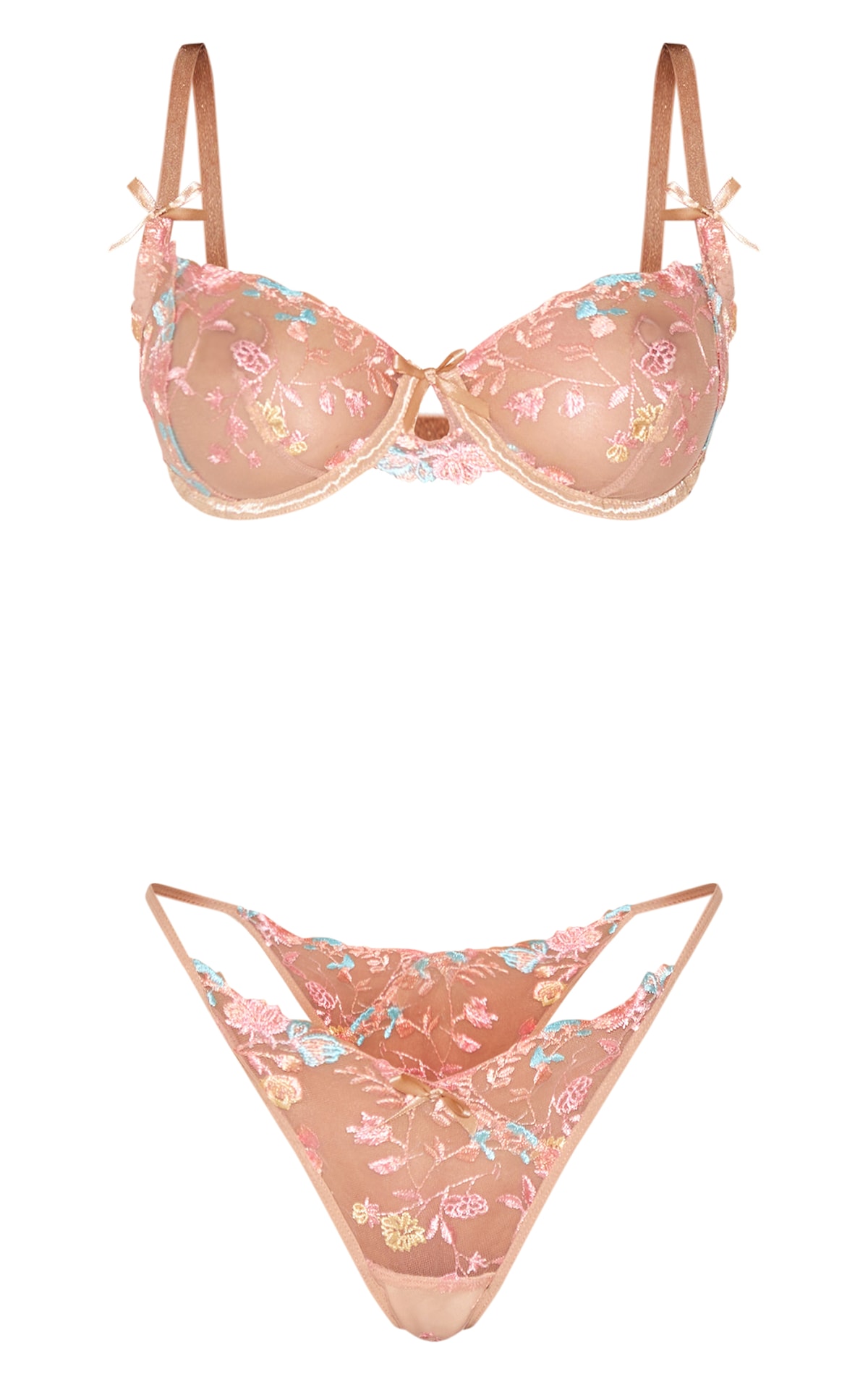 Nude Floral Lace Underwired Bra Thong Lingerie Set | Lingerie & Nightwear | PLT