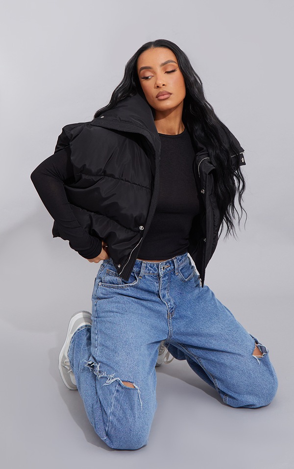 Black Oversized Collar Boxy Vest | Outerwear | PrettyLittleThing USA