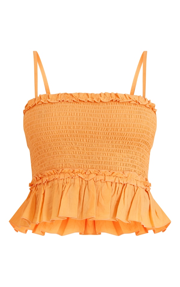 Bright Orange Shirred Frill Strappy Crop | Tops | PLT