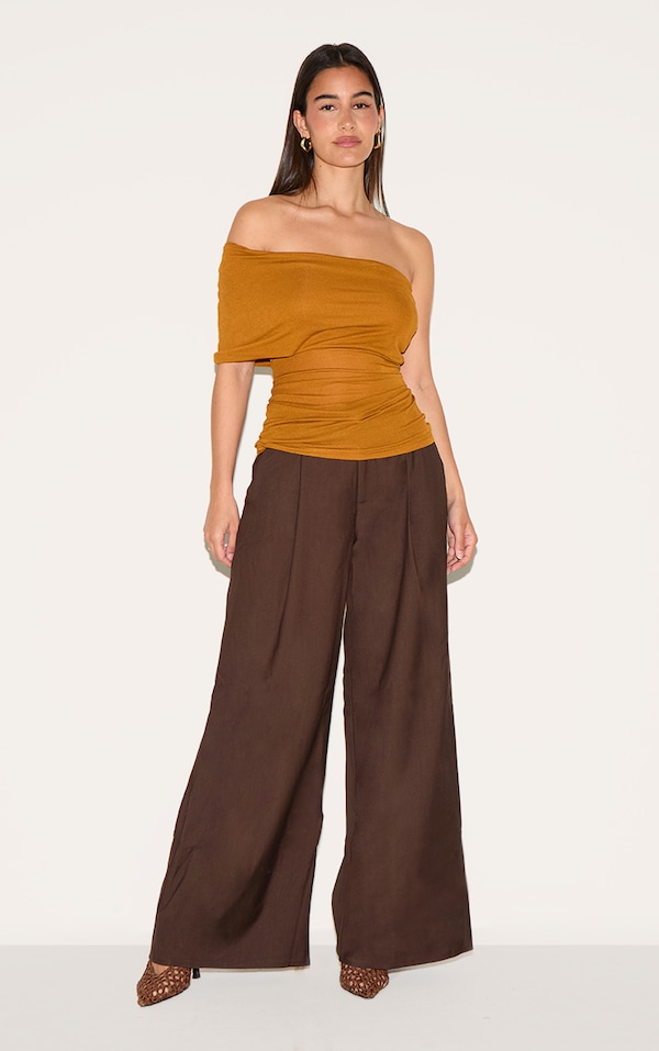 Tan Sheer Soft Fold Over One Shoulder Long Top | Tops ...