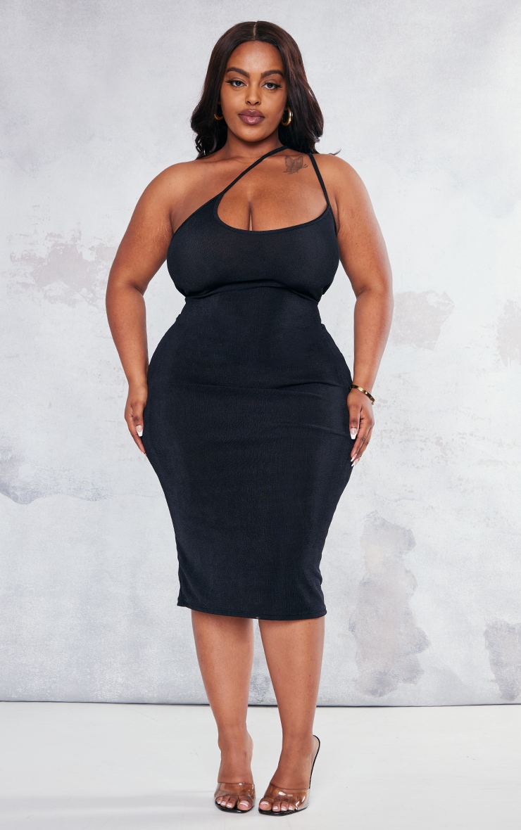 Plus Black One Shoulder Double Strap Midi Dress | Plus Size ...