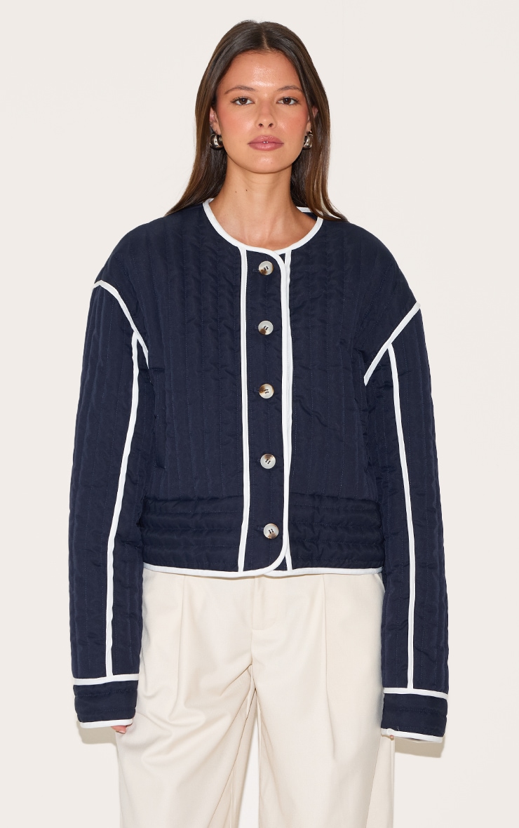 Navy Button Up Round Neck Quilted Jacket | Outerwear | PrettyLittleThing