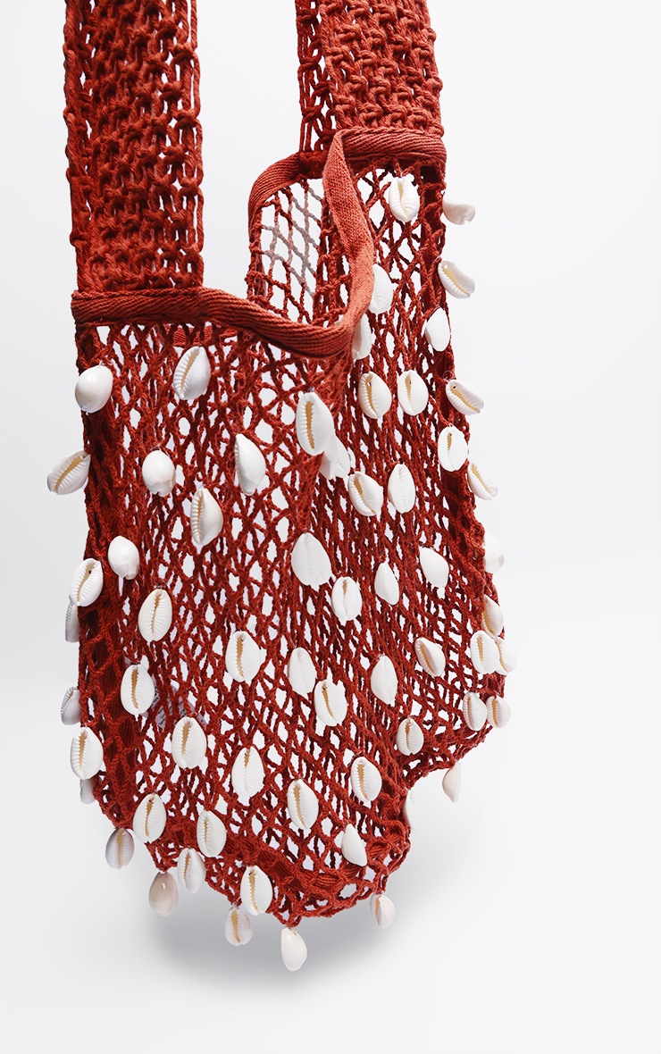 Rust Crochet Knit Shell Detail Beach Shopper Bag | Accessories | PLT