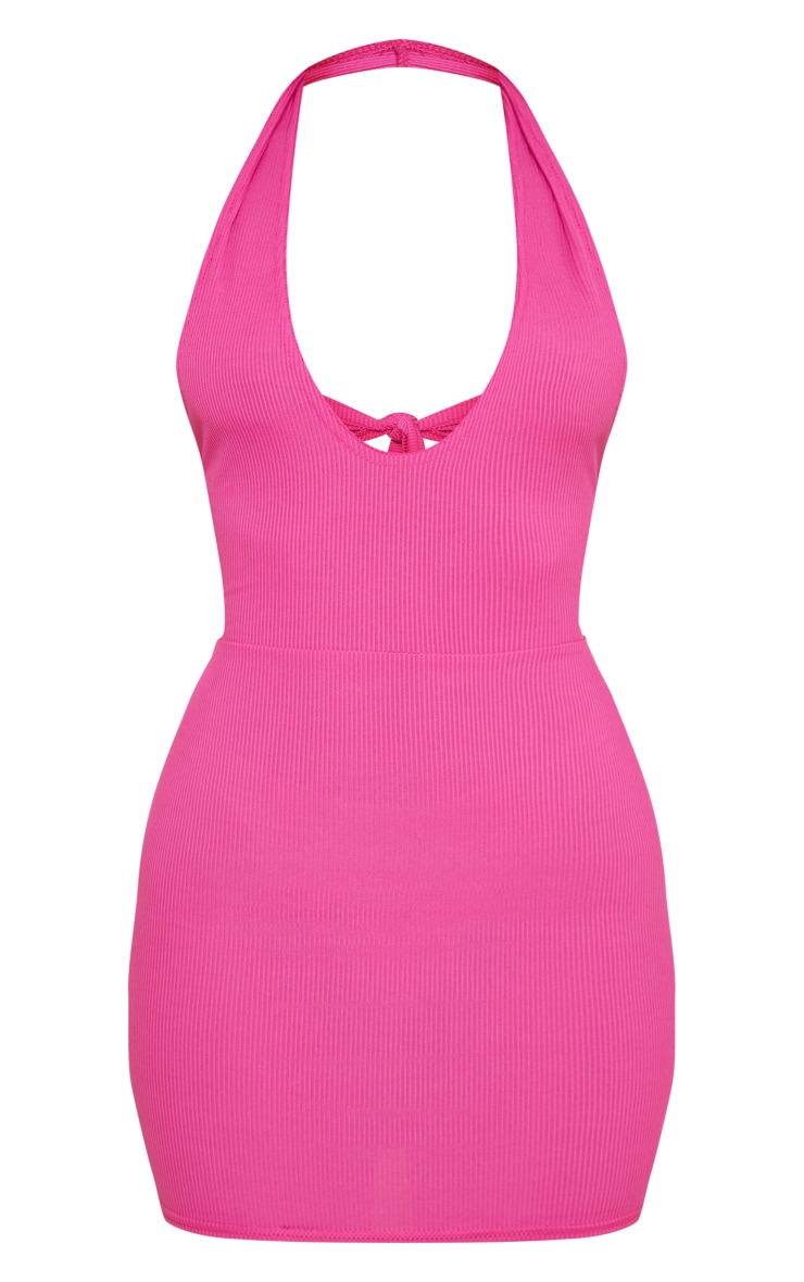 Petite Hot Pink Rib Halterneck Back Bodycon Dress | Petite | PLT