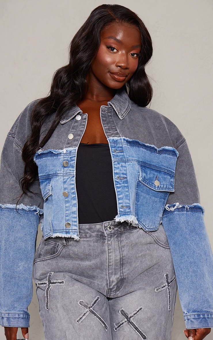 Plus Washed Blue Contrast Panel Crop Denim Jacket | Plus Size ...