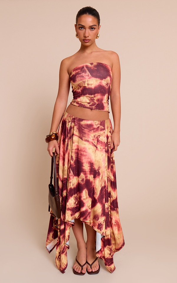 Deep Red Abstract Double Layer Slinky Bandeau Top Co Ords