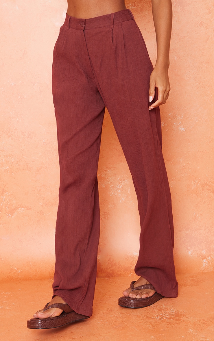 Brown Cheesecloth Tailored Wide Leg Pants | PrettyLittleThing USA