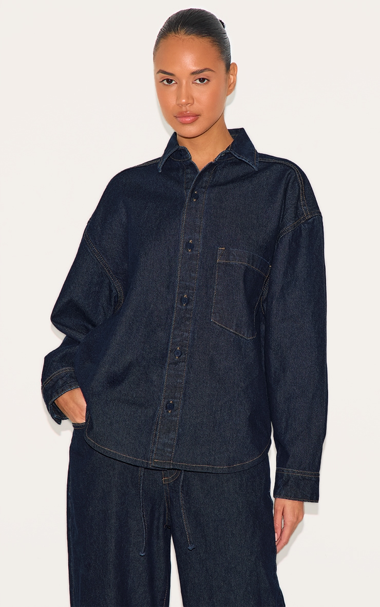 Dark Indigo Dip Hem Button Up Denim Shirt | Denim | PLT