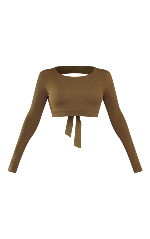 Khaki Stretch Rib Long Sleeve Open Back Crop Top | Co-ords | PLT