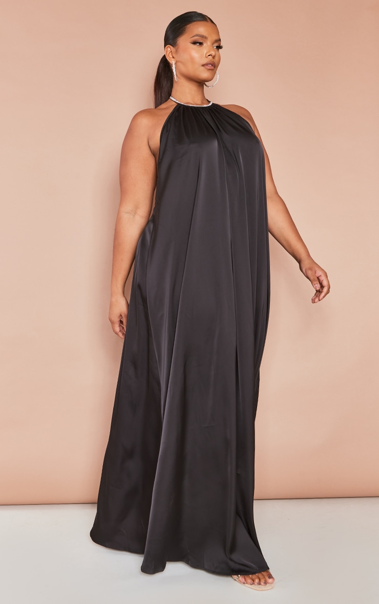 Plus Black Diamante Halter Low Back Maxi Dress | PrettyLittleThing
