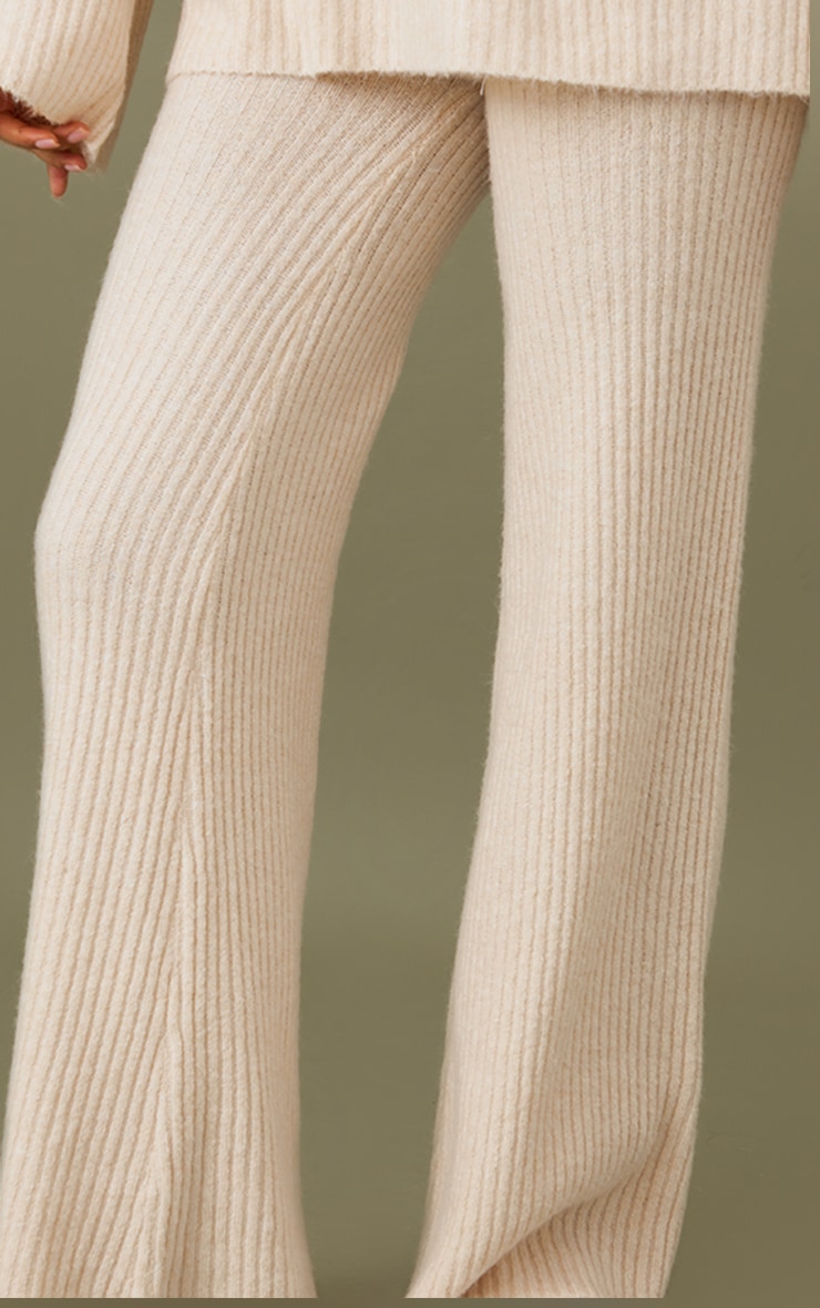 Tall Oatmeal Luxe Rib Knit Wide Leg Trousers | Tall | PLT
