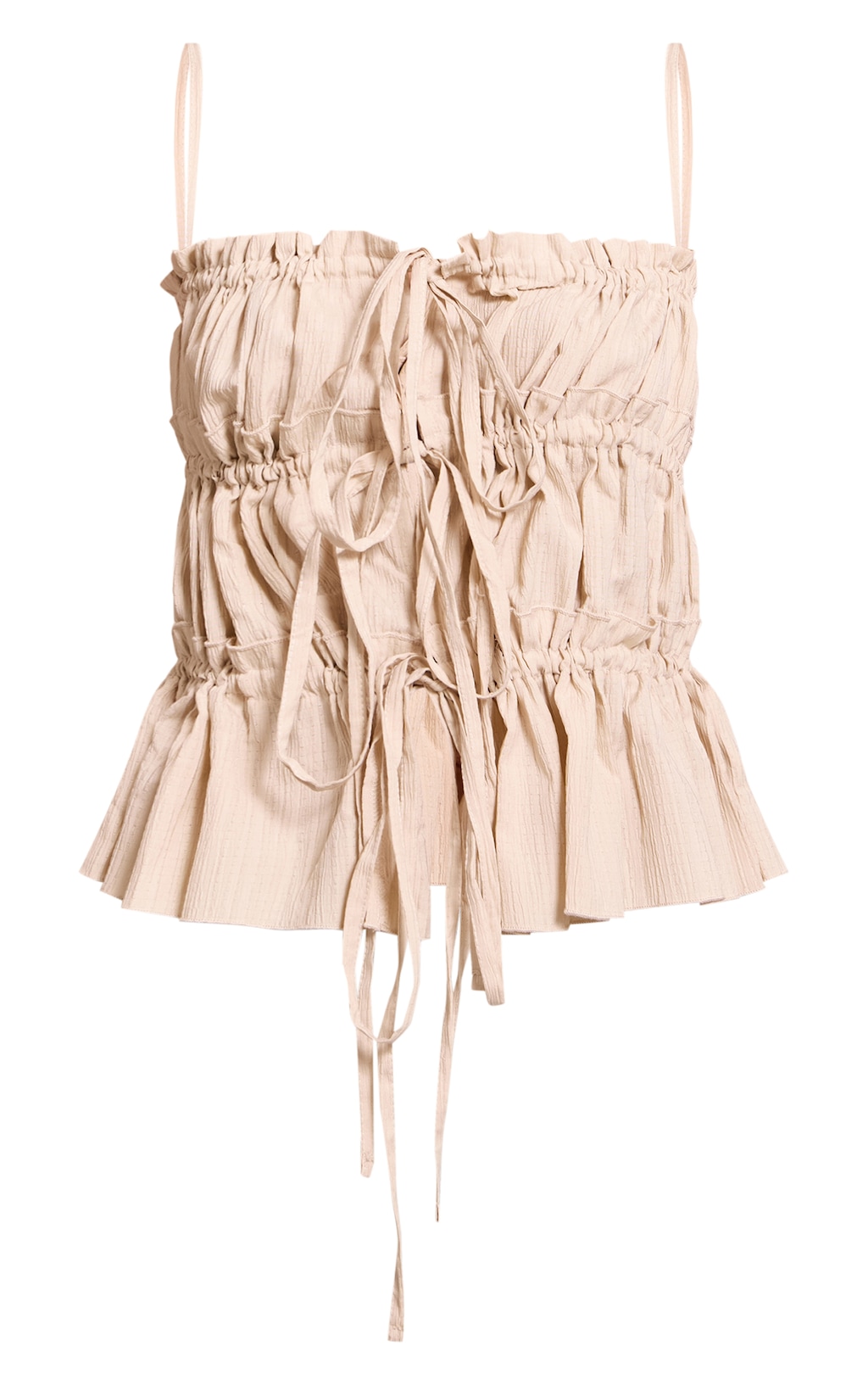 Almond Textured Ruffle Strappy Tie Front Cami Top | Tops | PLT