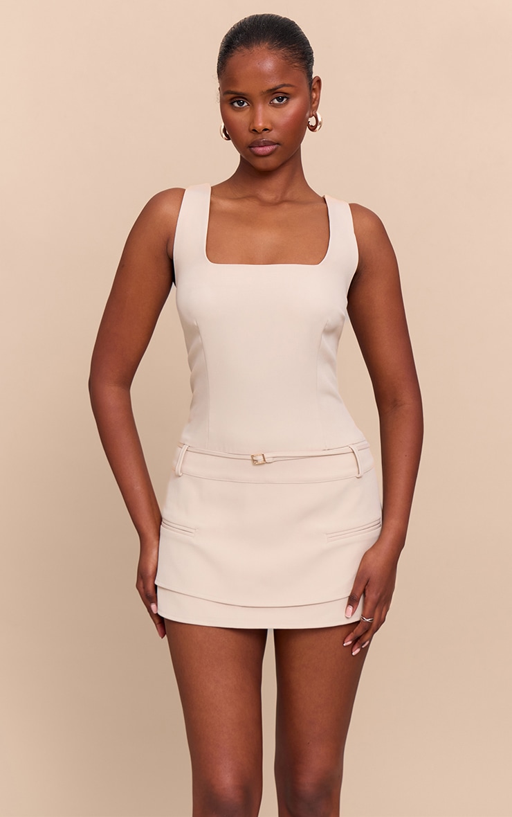 Beige Woven Belt Detail Skort Playsuit | Dresses | PLT