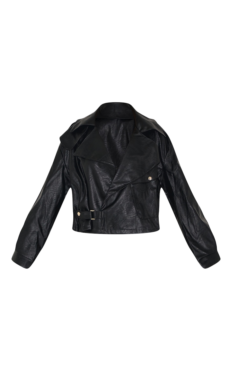 Black Textured Look Faux Leather Biker Jacket | Outerwear | PLT