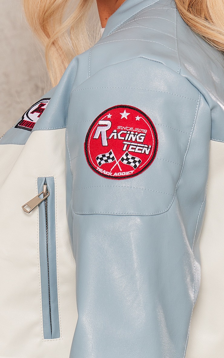 Light Blue PU Contrast Panel Graphic Racer Jacket | Outerwear ...