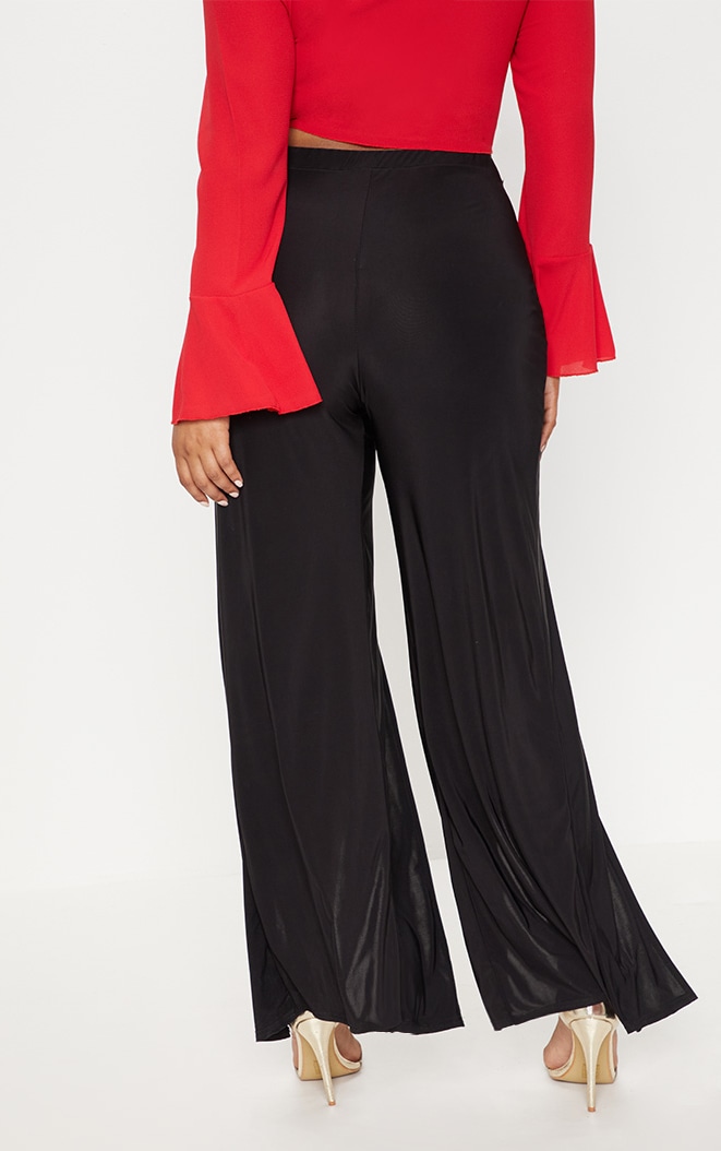 Plus Black Slinky Split Front Wide Leg Trousers | PrettyLittleThing