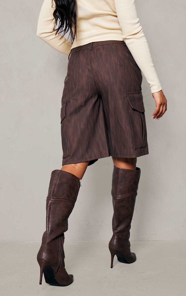 Premium Brown Washed Pu Long Cargo Shorts | PrettyLittleThing USA