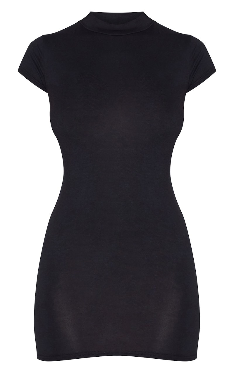 Black Jersey High Neck Cap Sleeve Bodycon Dress | Dresses | PLT USA