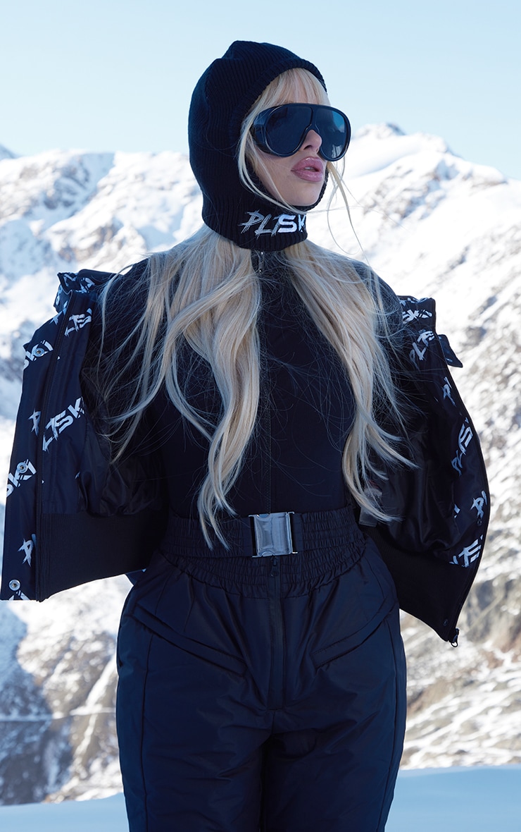 Plt Ski Black Faux Fur Hooded Printed Puffer | PrettyLittleThing