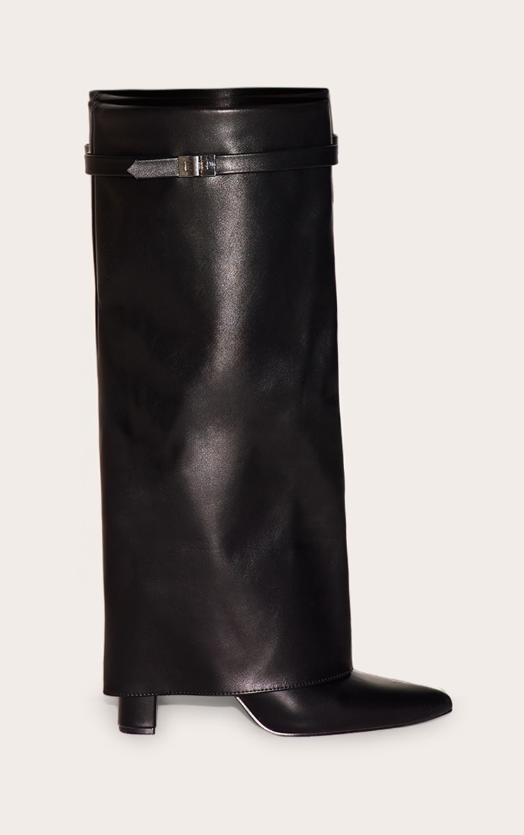 Black Matte Fold Over Knee High Block Heeled Boots | Footwear ...