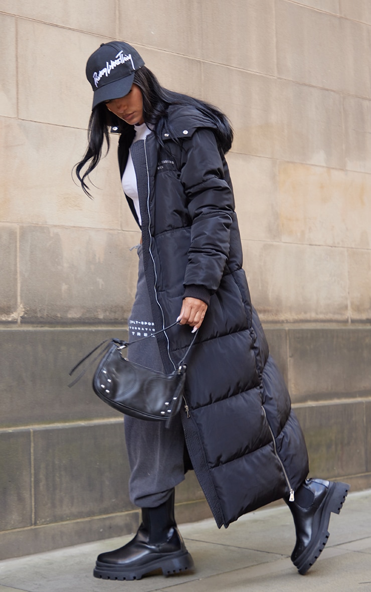 PLT Black Text Front Maxi Puffer Coat | Outerwear | PLT