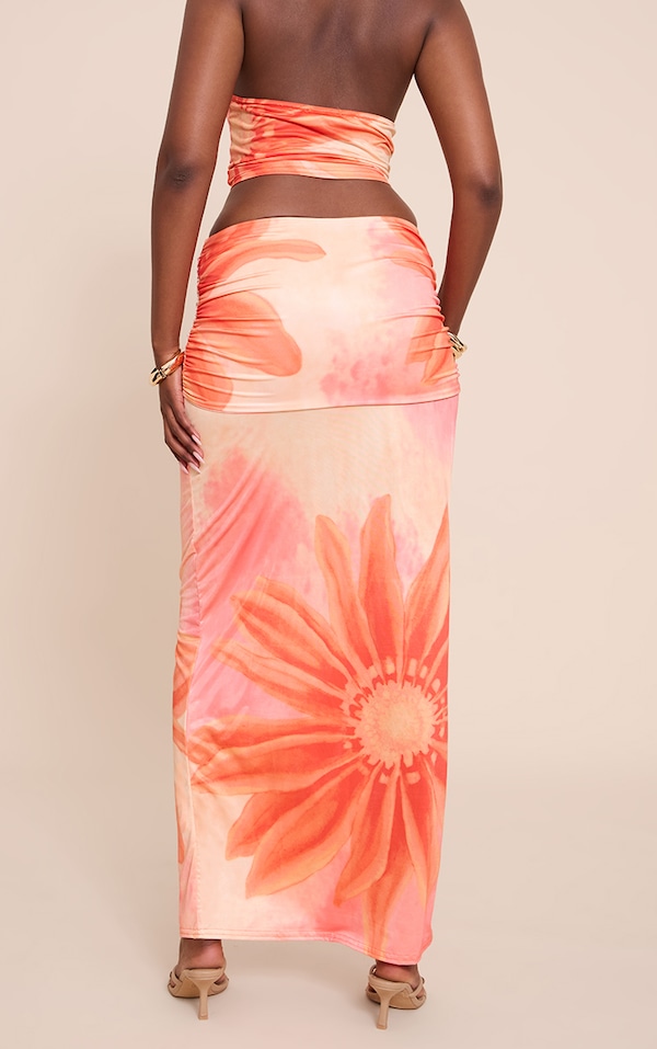 Orange Floral Print Ruched Flowy Maxi Skirts | Co-ords ...