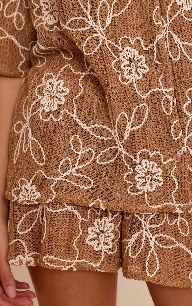 Tan Embroidered Floral Floaty Shorts | Co-ords | PLT