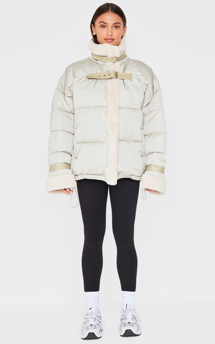 Sage Khaki Buckle Trim Detail Puffer Jacket | Outerwear ...