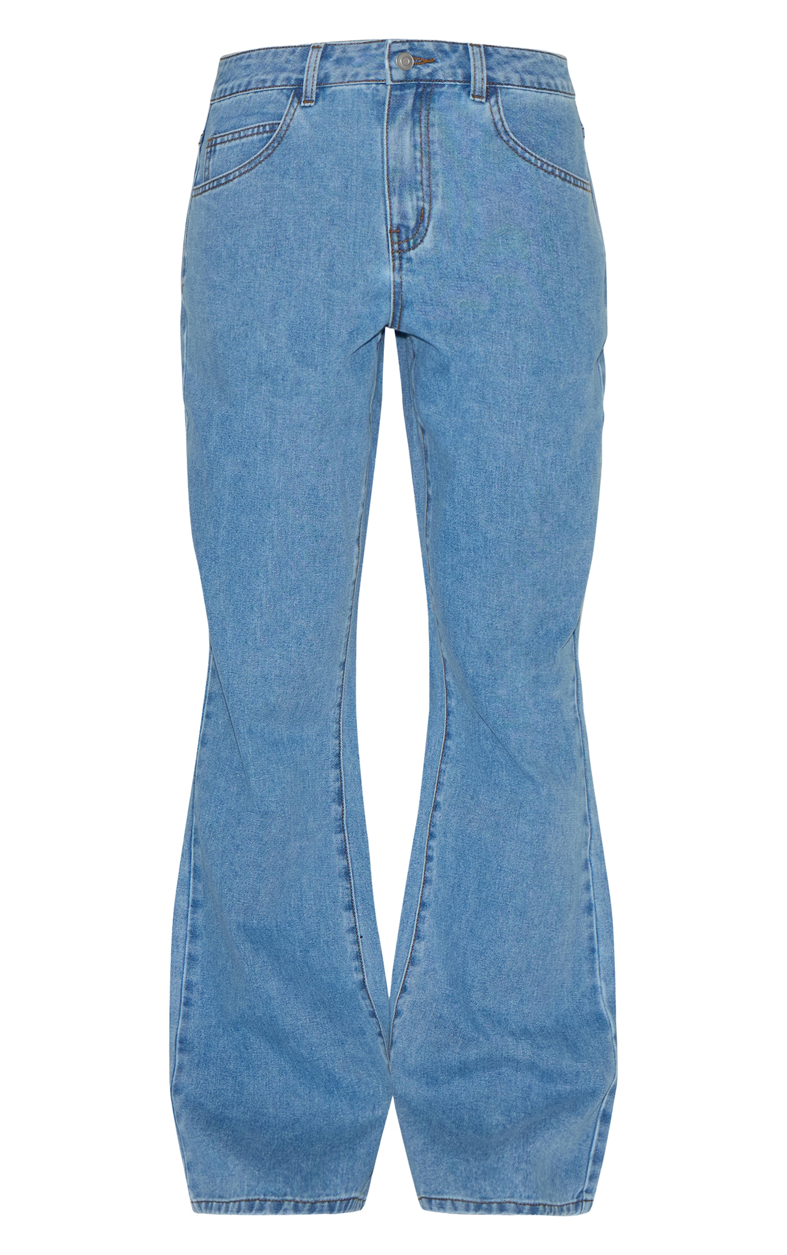 Light Blue Mid Waist Contrast Stitch Flared Jeans | Denim | PLT USA