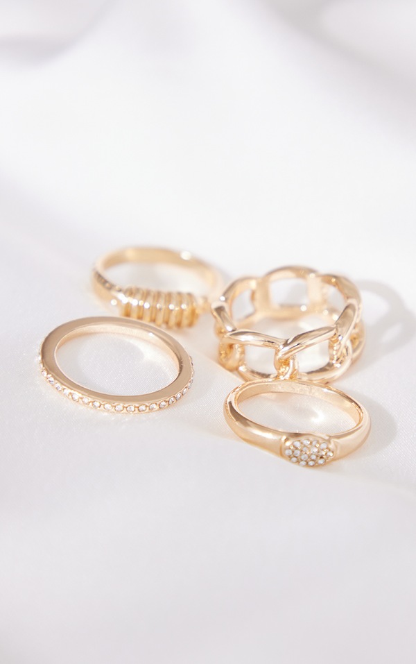 Gold Chunky Link And Diamante Assorted Ring Set | Accessories | PLT