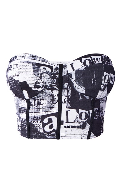 Black Newspaper Print Cup Detail Corset Top | Co-ords | PLT USA