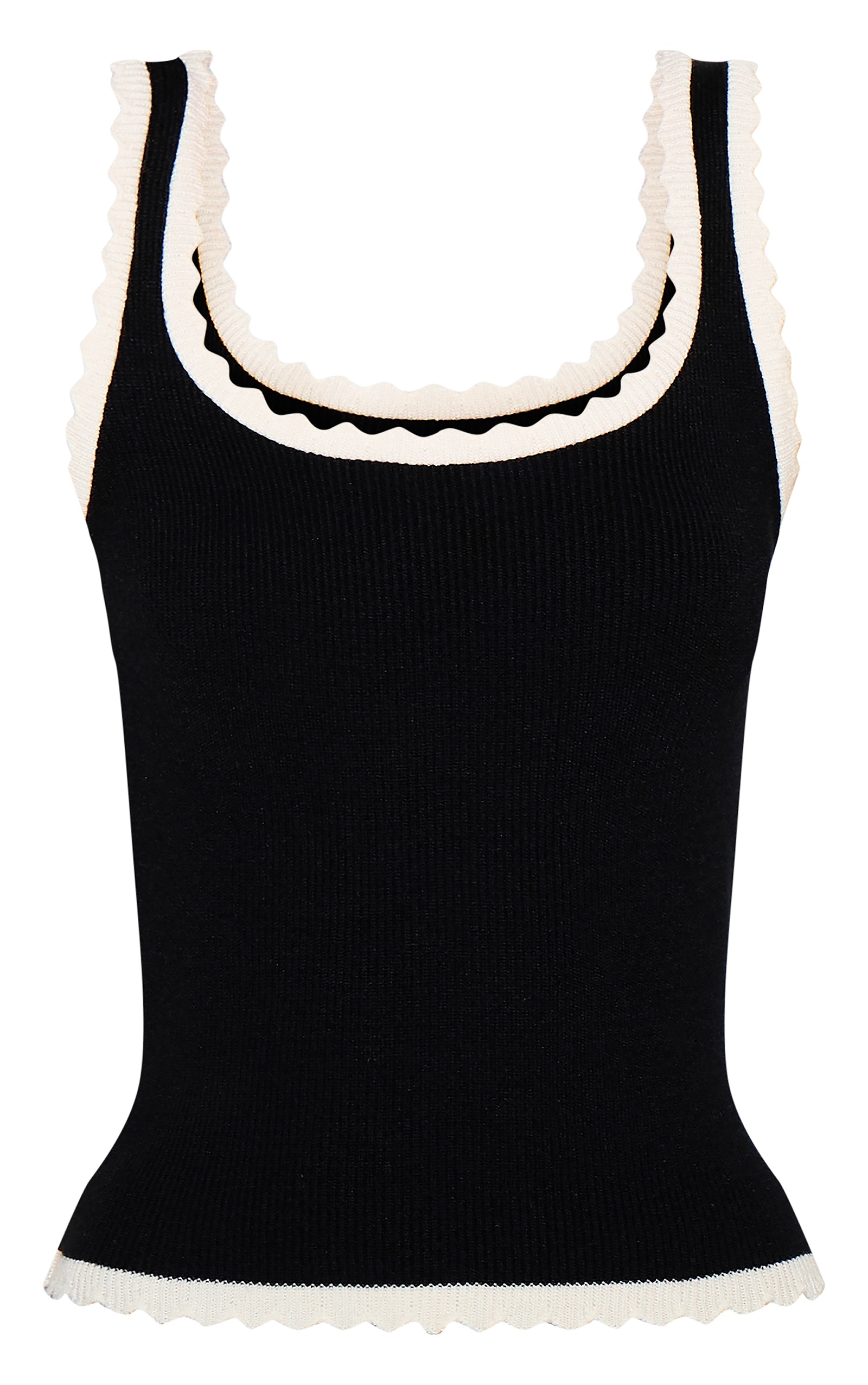 Black Knitted Scallop Edge Scoop Tank Top | Knitwear | PLT