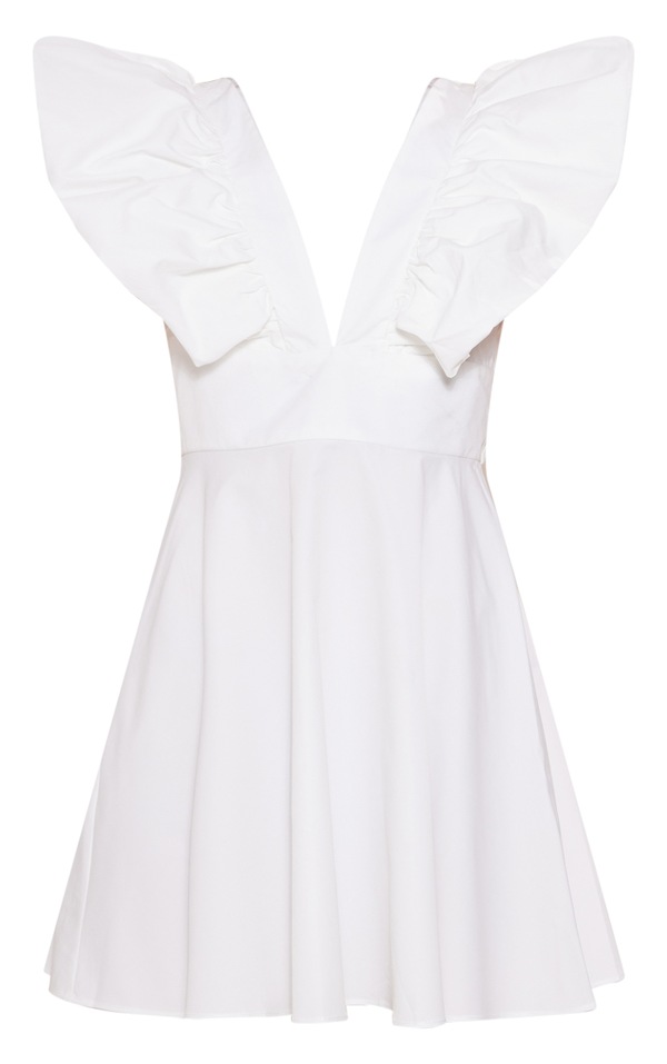 White Woven Ruffle Sleeve Plunge Belt Shift Dress | PrettyLittleThing QA
