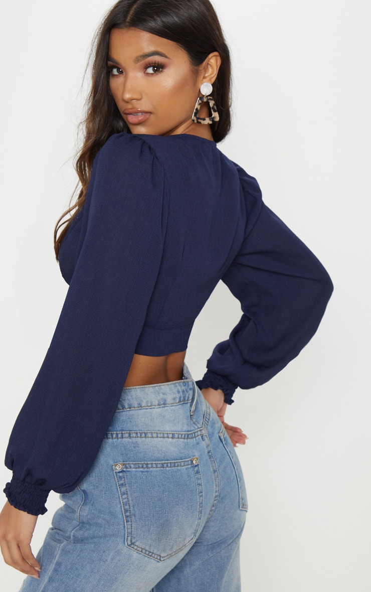 Navy Woven Plunge Ruched Sleeve Crop Top | PrettyLittleThing