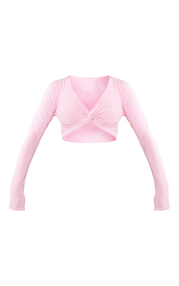 Baby Pink Slinky Long Sleeve Twist Front Crop Top | Tops ...