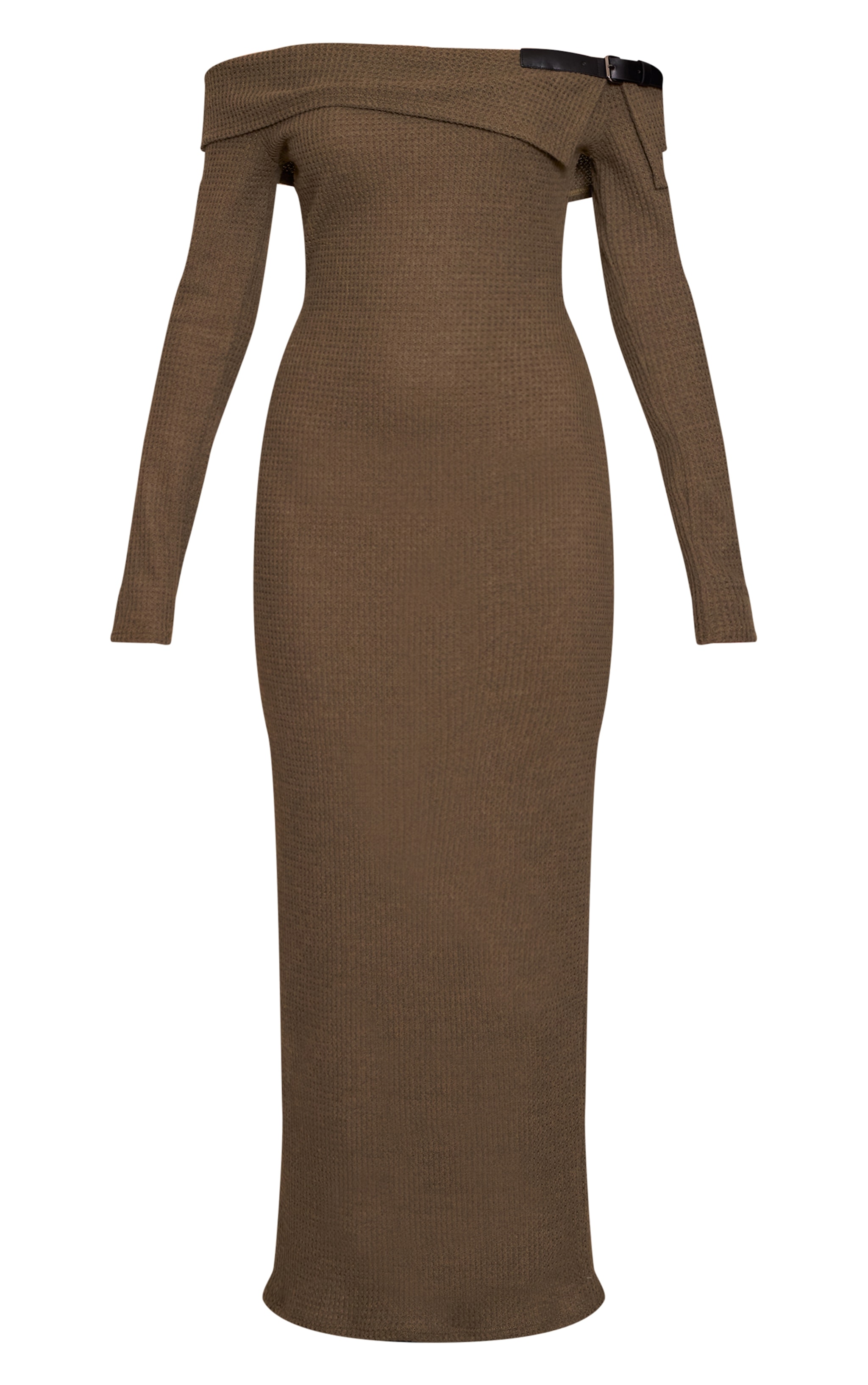 Khaki Textured Bardot Belt Detail Maxi Dress | Dresses | PLT IRE