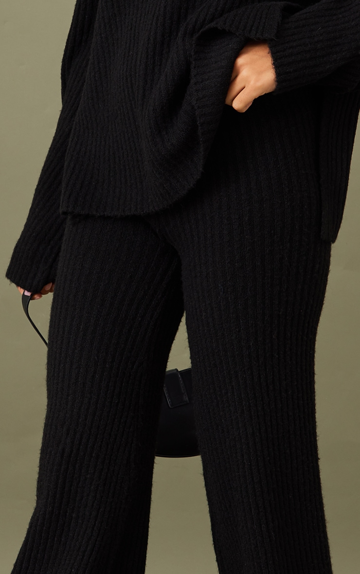 Tall Black Luxe Rib Knit Wide Leg Trousers | PrettyLittleThing