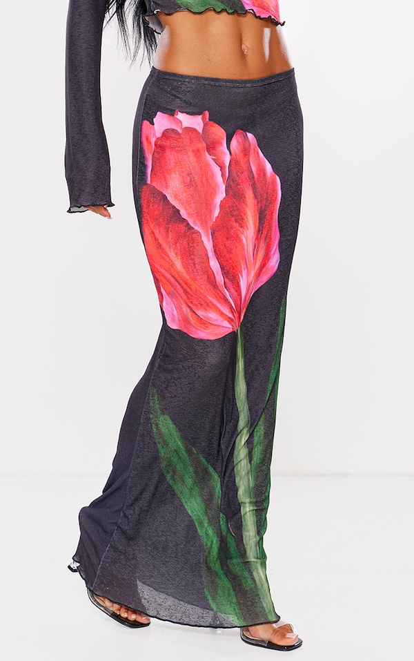 Black Floral Print Maxi Skirt | Co-ords | PrettyLittleThing