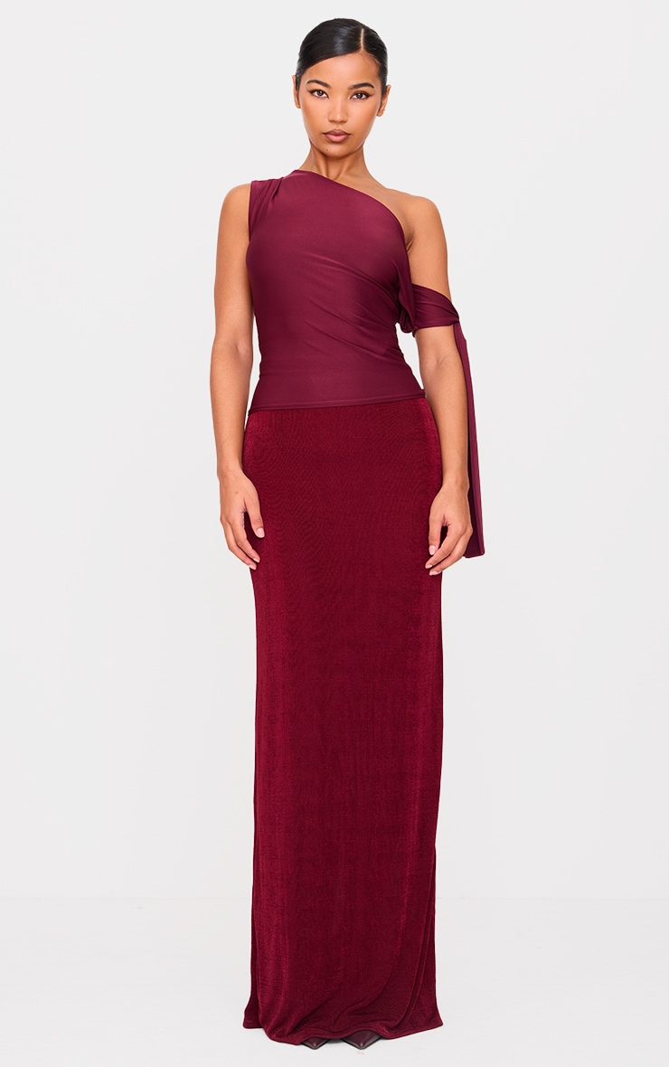 Burgundy Acetate Slinky Low Rise Maxi Skirt | Bottoms ...