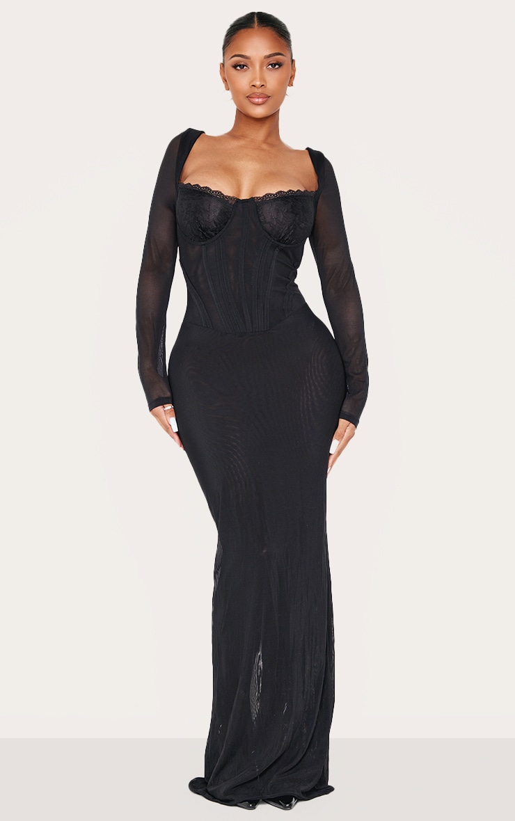 Shape Black Mesh Lace Insert Corseted Maxi Dress | Shape | PLT