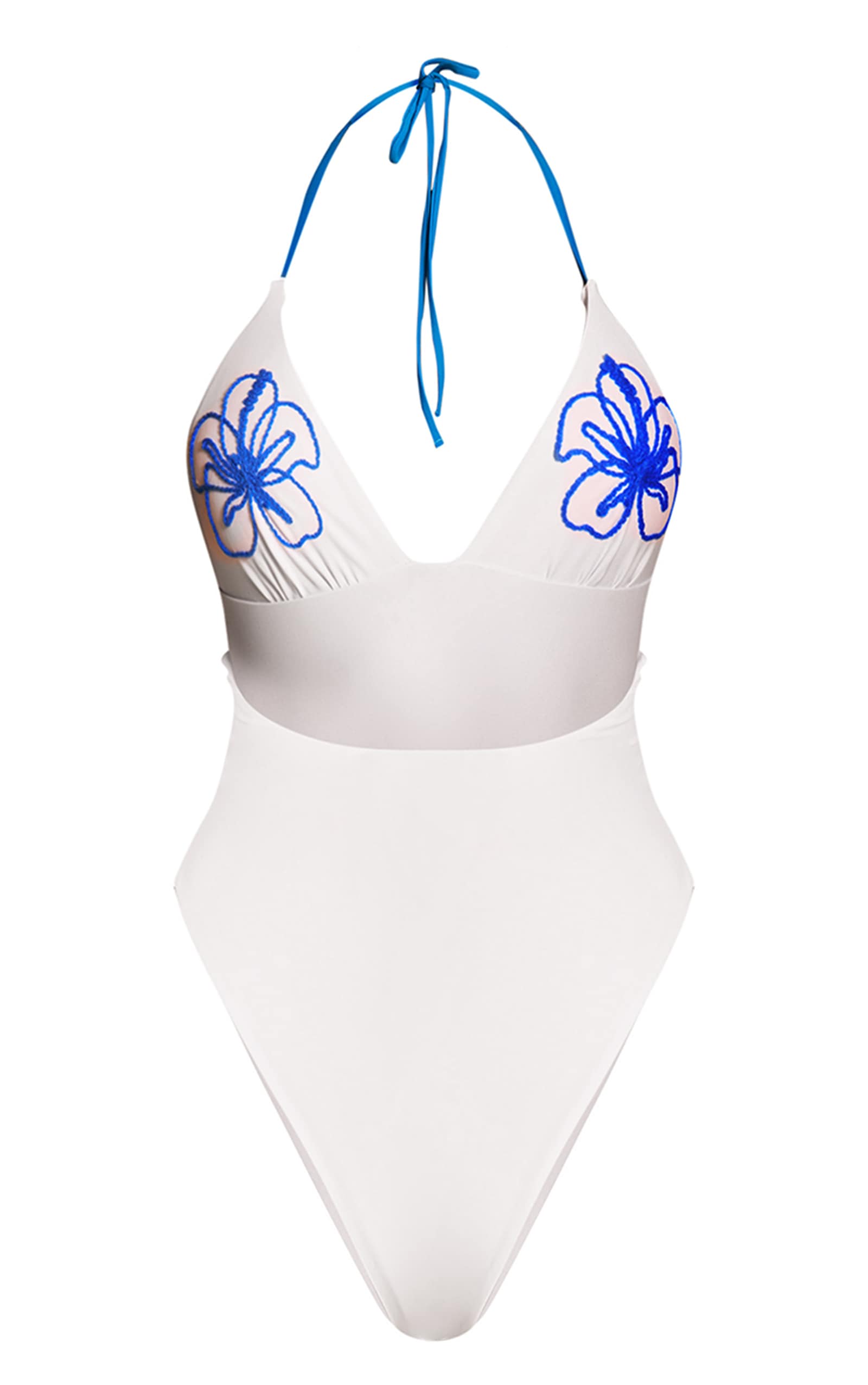 White Contrast Embroidered Plunge Swimsuit | Swimwear | PLT