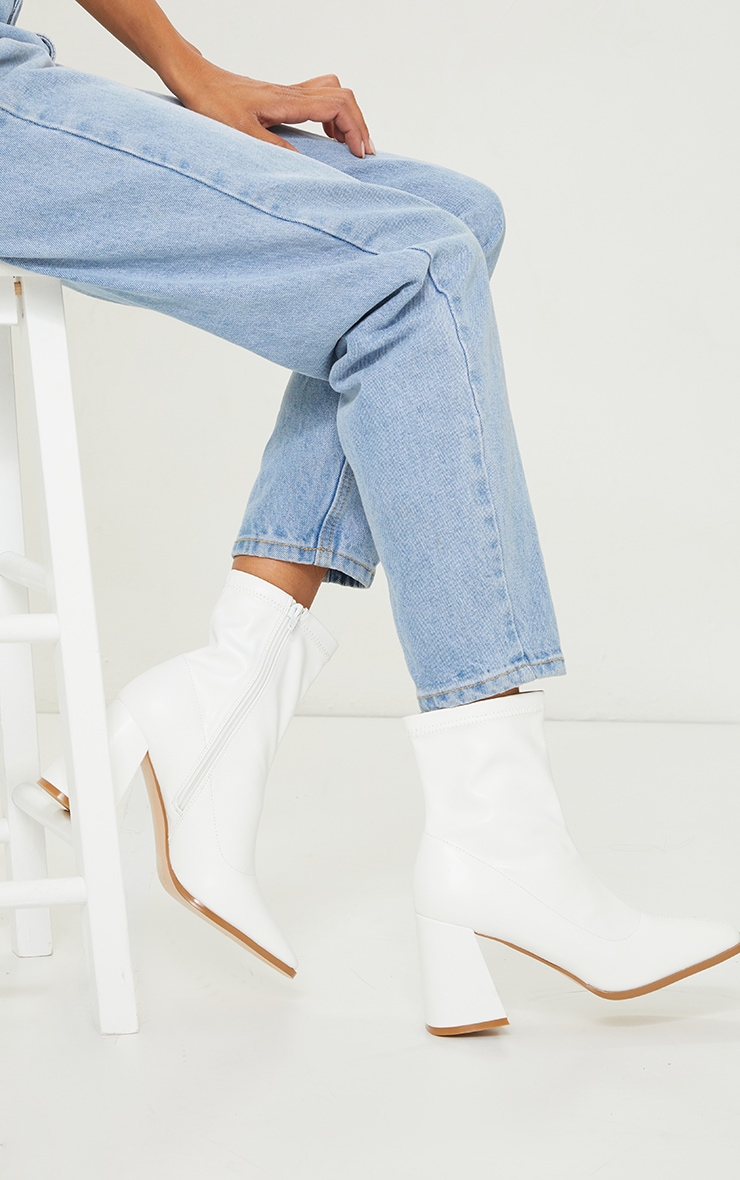 White Matte Pu Square Toe Mid Flare Heel Sock Boots | PrettyLittleThing