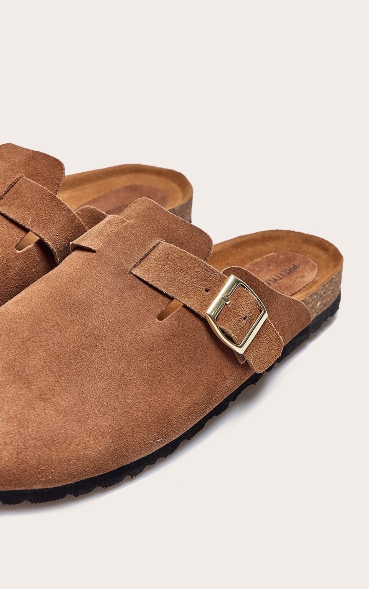 Tan Real Suede Leather Round Toe Buckle Slip Clog | Footwear | PLT