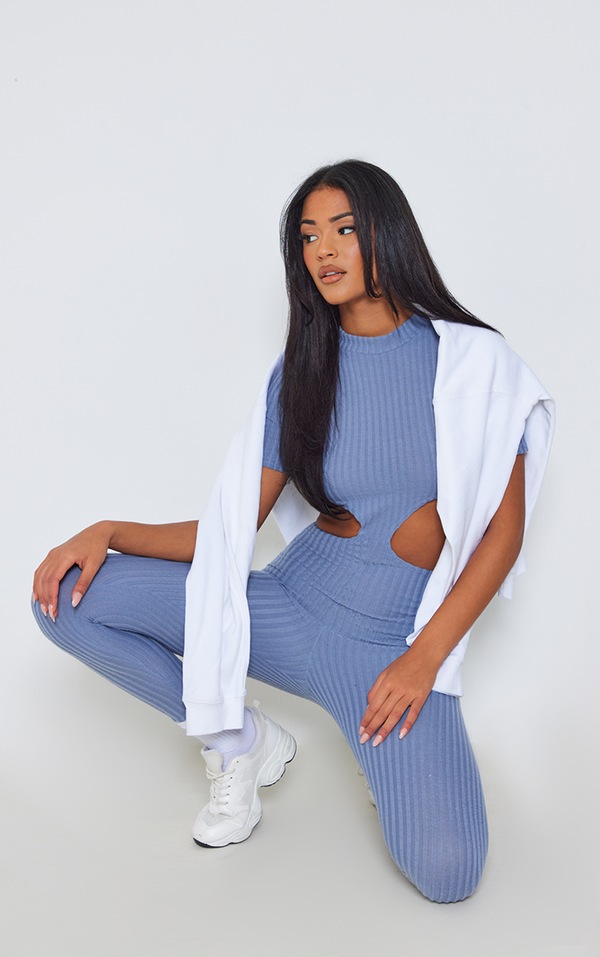 Tall Steel Blue Brushed Rib Cut Out Jumpsuit | Tall | PLT