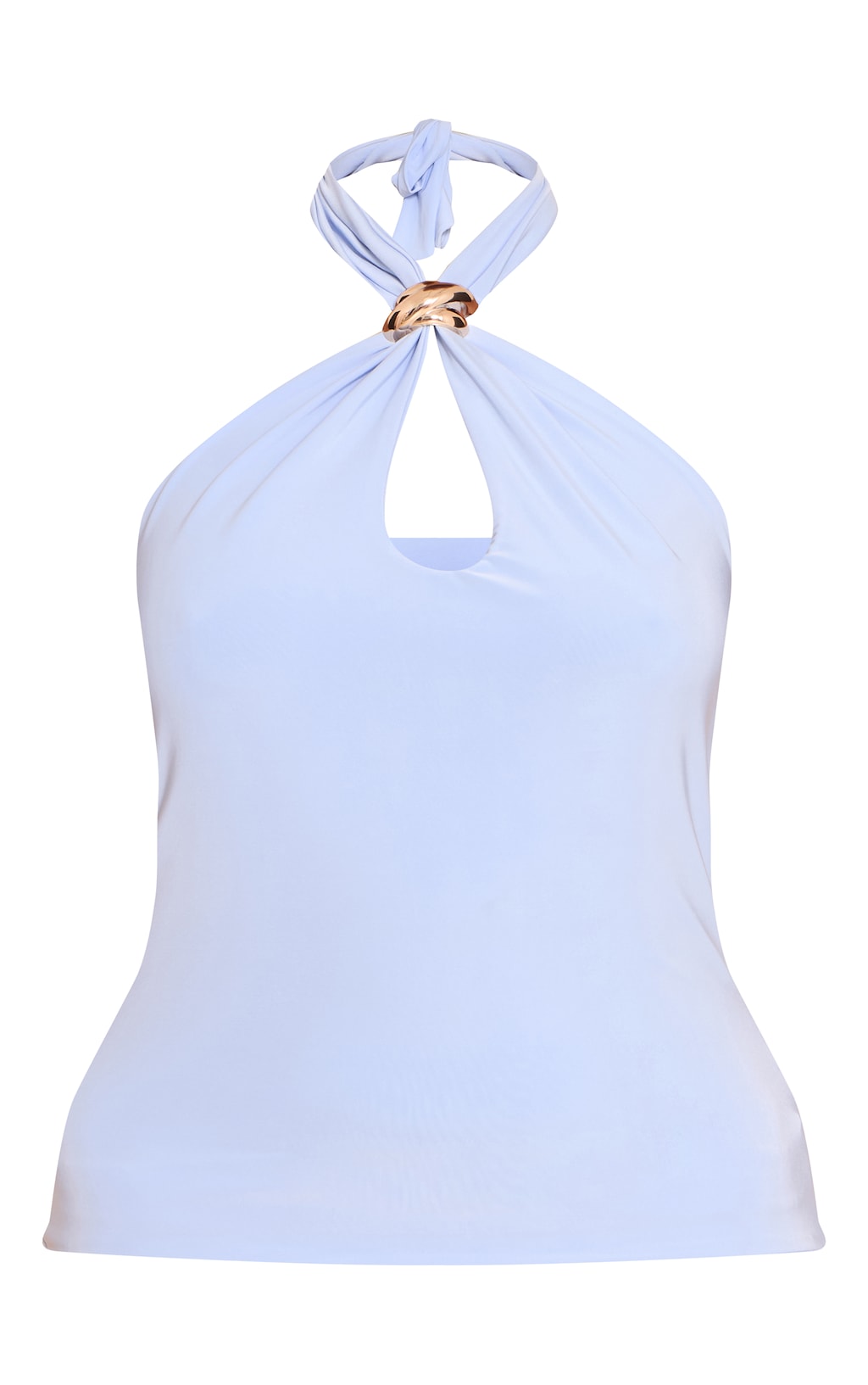 Sky Blue Double Layer Trim Halter Neck Long Top | Tops | PLT USA