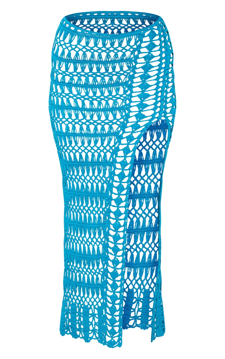 Turquoise Side Split Crochet Knit Maxi Skirt | Knitwear | PLT IRE