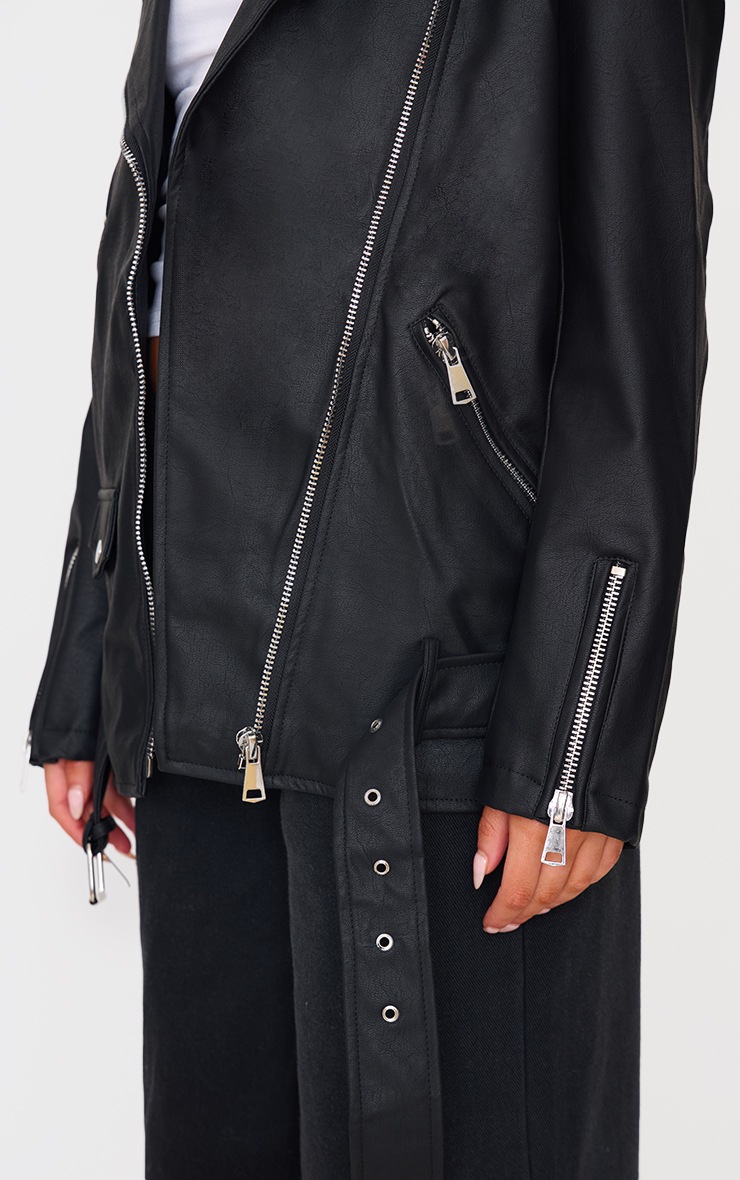 Black Faux Leather Longline Belted Biker Jacket | Outerwear ...
