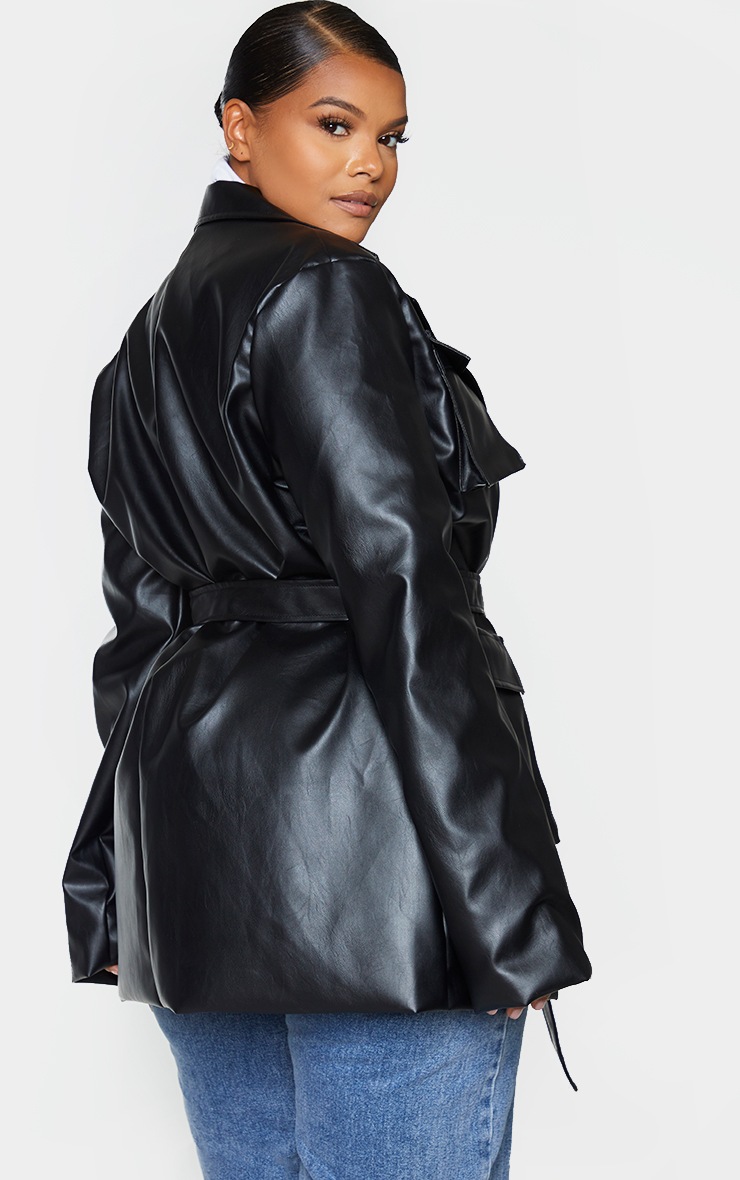Plus Black PU Longline Pocket Front Jacket | Plus Size | PLT AUS
