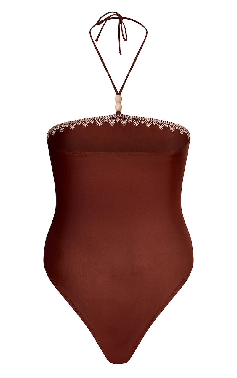 Chocolate Embroidered Bead Detail Halter Swimsuit | Swimwear ...